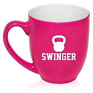 16 oz Large Bistro Mug Ceramic Coffee Tea Glass Cup Swinger Kettlebell Funny Workout Fitness (Hot Pink)