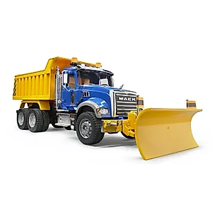 Bruder 02825 Mack Granite Dump Truck with Snow Plow Blade for Construction and Farm Pretend Play with Light & Sound Module