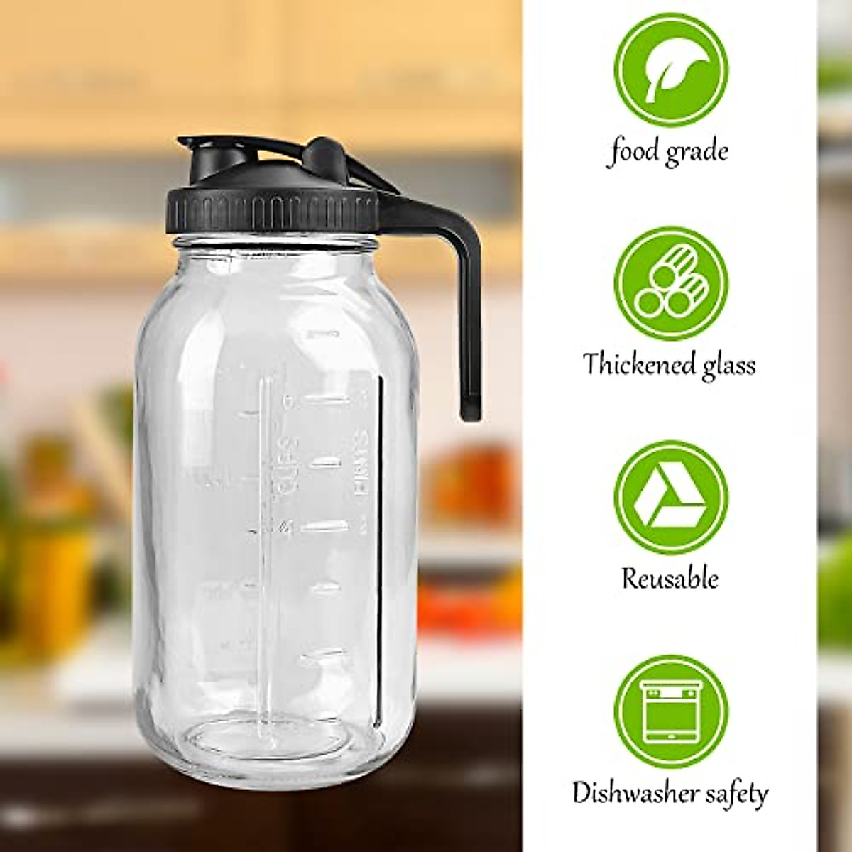 Half Gallon Mason Jar Pitcher, 64 oz Sun Tea Jar Large Wide Mouth Mason Jar Pitcher with Airtight Lid,2 Quart Glass Pitcher for Lemonade,Coffee,Ice Tea Pitcher for Fridge