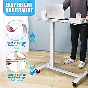 HITACTS Overbed Table Heigh Adjustable Pneumatic Hospital Bed Table with Lockable Wheels Rolling Bedside Table Standing Desk Over Bed for Home Office Height 29"-44"