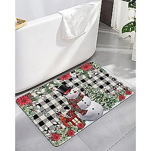 Christmas Snowman Bath Mat for Tub,Non Slip Bathroom Floor Runner Rug Quick Dry & Absorbent Diatomaceous Earth Shower Sink Washable Doormat,Black Grey Farmhouse Plaid Poinsettia Eucalyptus 16"x24"
