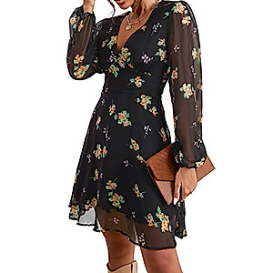 CUPSHE Women's Mini Dress Floral Print Chiffon Flowy Dresses Long Sleeve Dress for Women