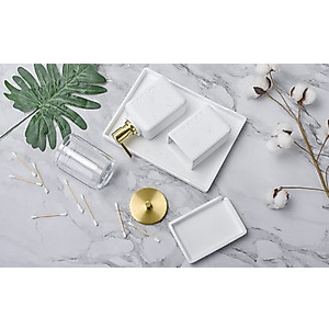 JDHEXY Bathroom Accessory Set,5 pcs Bathroom Set Complete,Lotion Soap Dispenser,Toothbrush Holders,Glass Qtip Holder Gold Lid,Soap Dish,Vanity Tray for Decor Countertop,Resin Kitchen Organizer White