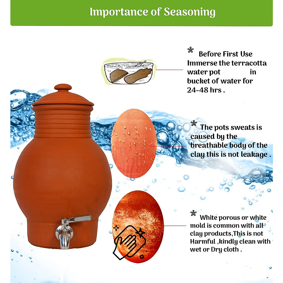 Village Decor HandMade Earthen Clay Water Pot Water Dispenser with Stainless Steel Faucet Spigot | Capacity 135 oz 4000 ml