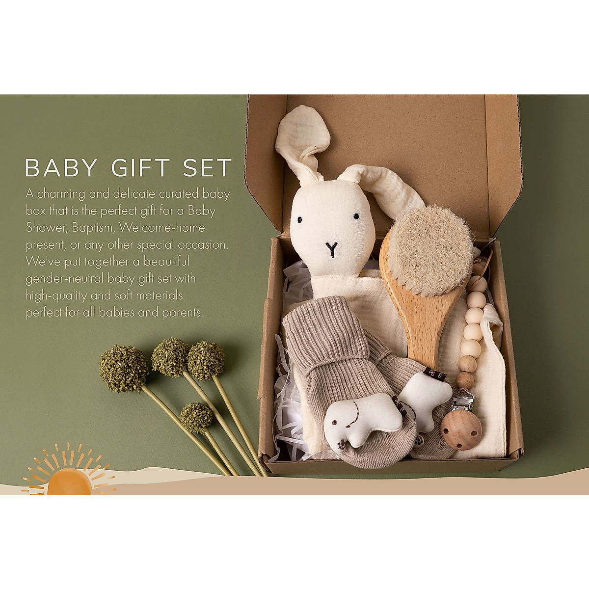 Baby Gift, Baby Baptism Gift, Newborn Baby Gift Set for Boy, Girl or Gender Neutral, Baby Shower with 4 PCS- Brush, Lovey Blanket, Baby Socks and Silicone Pacifier Clip