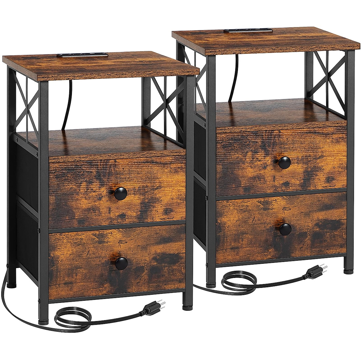 AMHANCIBLE Night Stand Set 2, Nightstand with Charging Station, End Tables Living Room with USB Ports and Outlets, Bedside Tables with Fabric Drawers for Bedroom, Rustic Brown HET05XBR