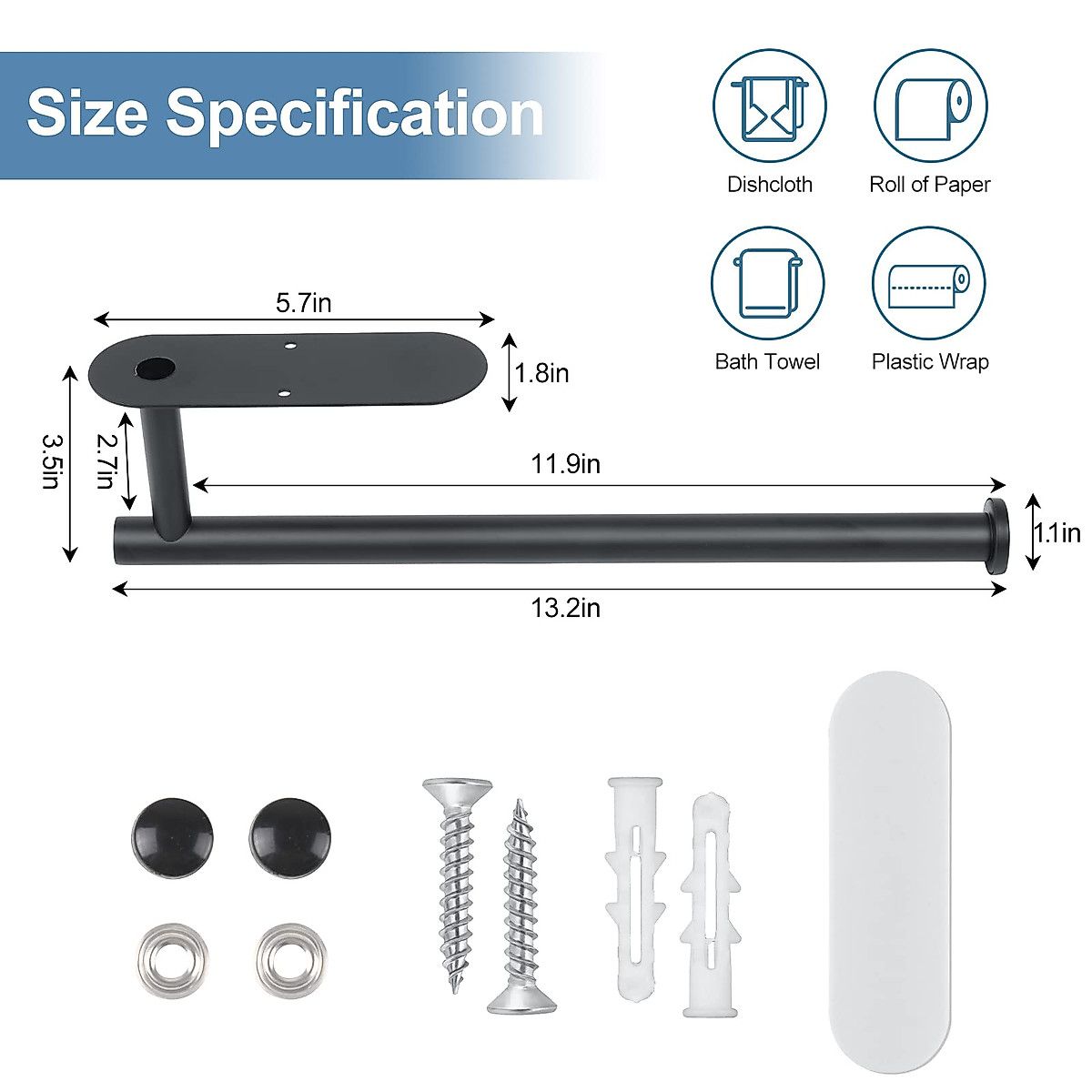 Elyum 2 Pack Paper Towel Holder Sturdy and Durable Black Paper Towel Holder Self Adehesive or Drilling Kitchen Towel Holder Paper Towel Holder Countertop for Bathroom, Kitchen(13Inch, Black)