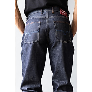 Kimes Ranch Men's Raw Dillon Mid-Low Rise Relaxed Upper Thigh Wide Bootcut Hand-Sanded Integrated Knife Pocket Jean 35W/34L Blue