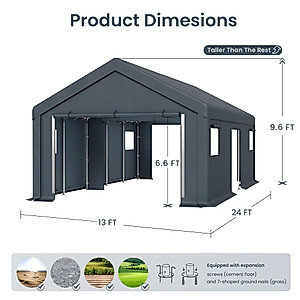 PHI VILLA 13'x24'x9.6' Outdoor Portable Storage Shelter Shed Garage with Roll up Zipper Doors & Vents Carport for Motorcycle Waterproof and UV Resistant Anti-Snow Portable Garage Kit Tent, Gray