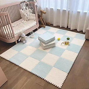 12 X 12 X 0.4in Plush Square Foam Interlocking Floor Tiles Mat Shaggy Foam Puzzle Play Area Rugs Easy to Put Together Anti-Slip Carpet Mat for Home Playroom Floor(Size:28pcs,Color:White+Blue)