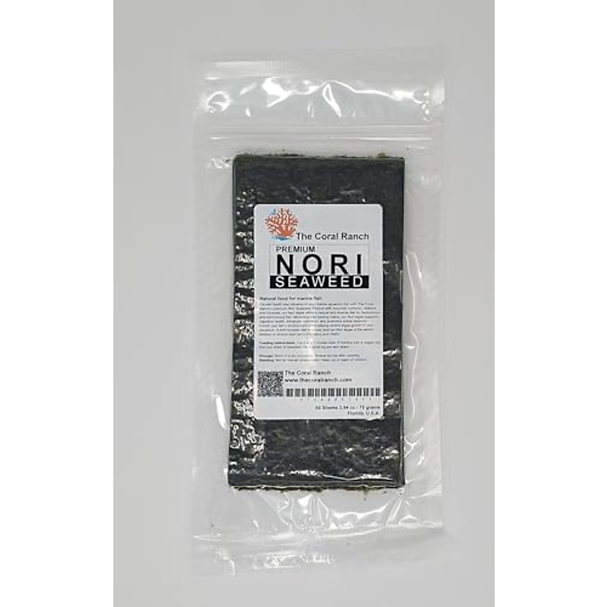 The Coral Ranch - Premium Nori Seaweed - 50 Sheets - Resealable Pack - Food for Marine Fish, Tangs, Butterfly Fish, Angelfish. (75 Gram) / 2.64 oz