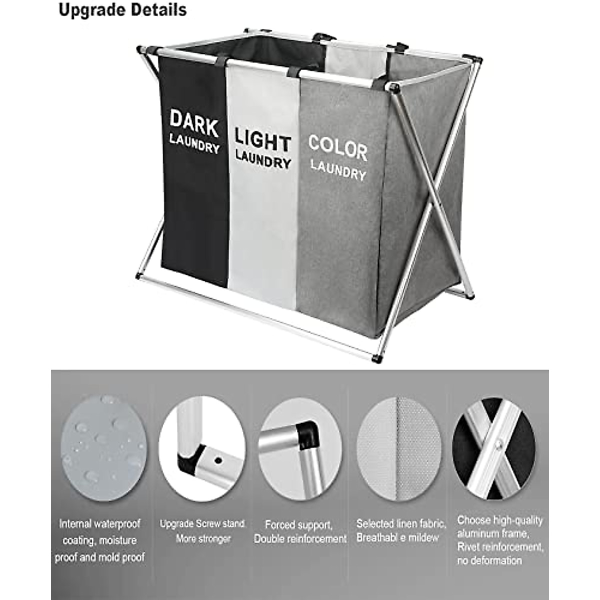 Laundry Cloth Hamper Sorter Basket Bin Foldable 3 Sections with Aluminum Frame Washing Storage Dirty Clothes Bag for Bathroom Bedroom Home Storage Basket (Black+Gray+Dark grey, 3 Liner)