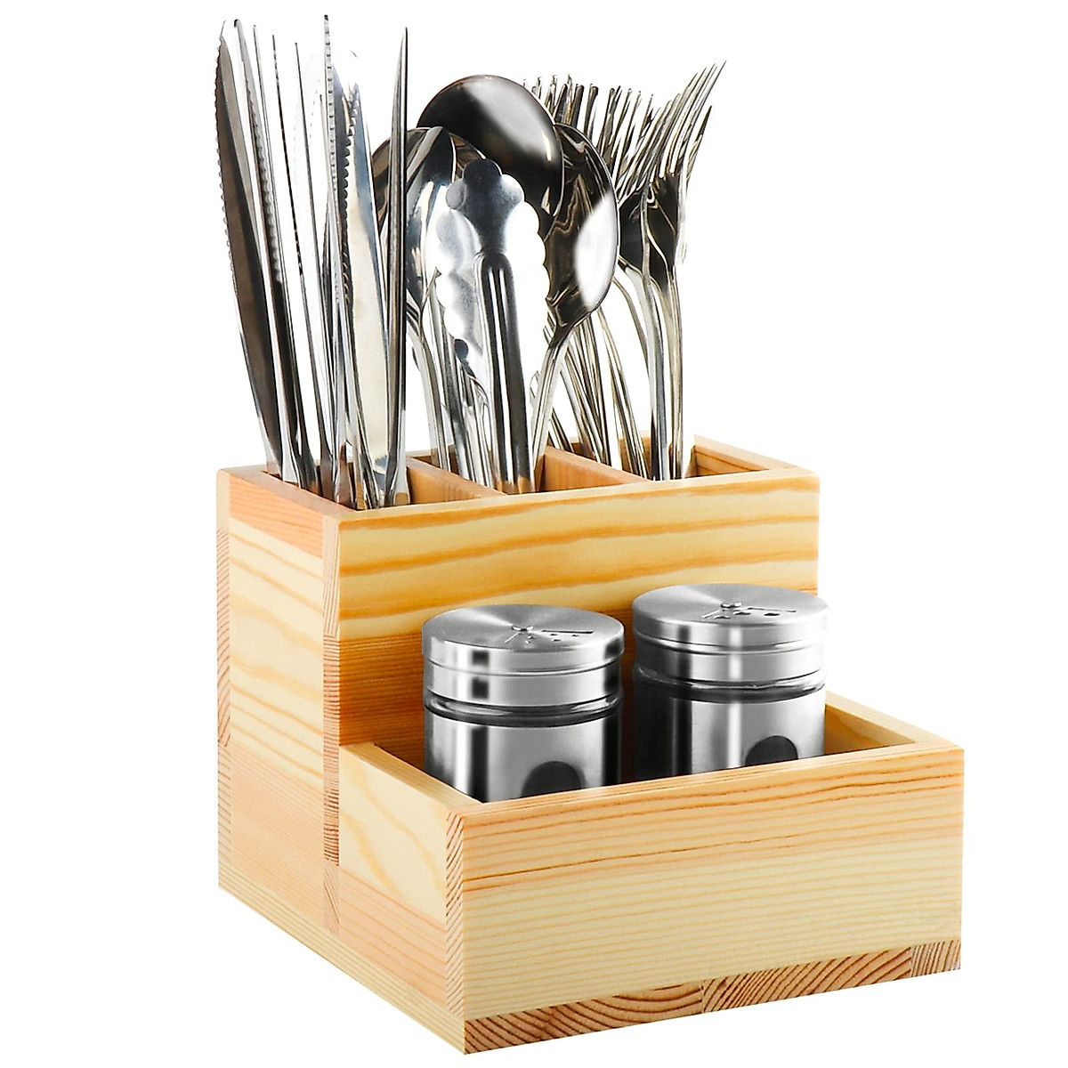 Wooden Silverware Holder,Countertop Silverware Organizer,Silverware Holder for Fork,Spoon,Knife,Condiment Shakers,4 Compartments Utensil Caddy for Farmhouse Kitchen Decor,Parties,Hotel
