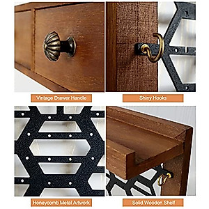 Wall Mounted Hanging Jewelry Organizer with 2 Big Storage Wooden Drawers + Honeycomb Earring Holder. Jewelry Stand with 2-layer Shelves +18 Necklace Hooks Display Bracelet, Ear Studs, Ring. Girl Gift