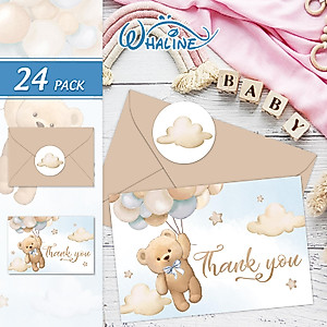Whaline 24Pcs Bear Thank You Cards Watercolor Bear Balloon Greeting Cards with Envelope Stickers Cartoon Blank Note Cards for Birthday Wedding Baby Shower Party Supplies, 4 x 6 Inch
