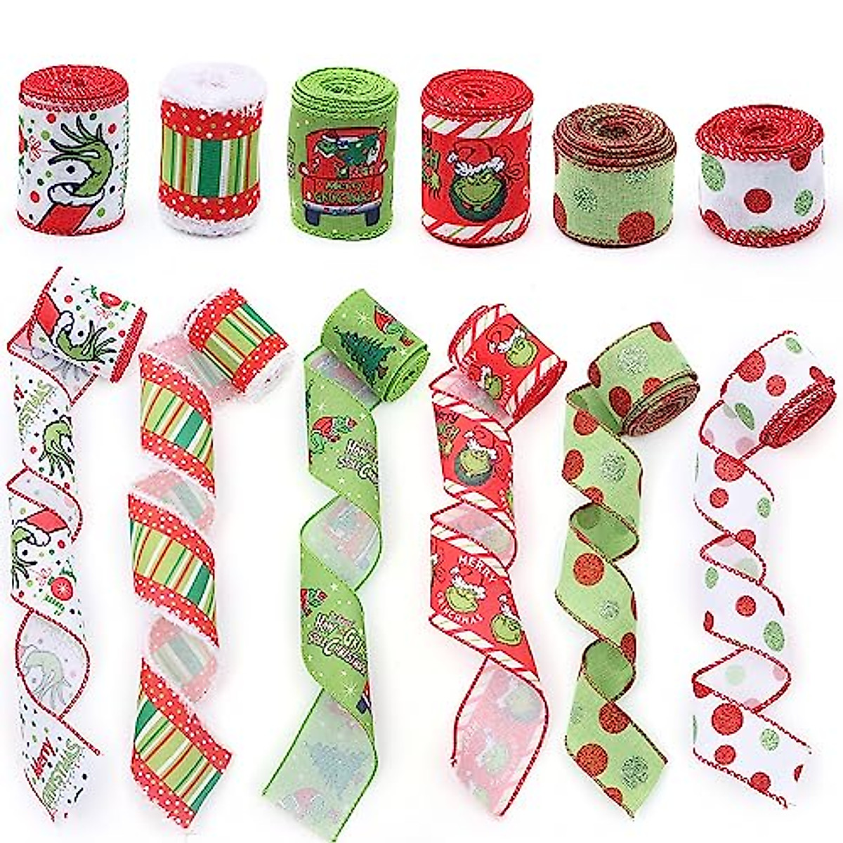 1.5" and 2.5'' Green Cute Merry Grinchmas Wired Ribbon .Glitter Red and Green Polka Dot,Stripe Furry Edge Printed Christmas Wired Ribbon 6 Rolls Total 30 Yards in Length