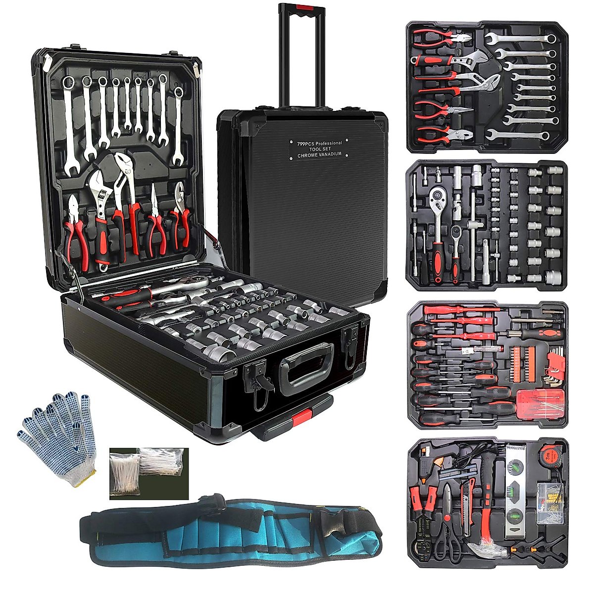 Tool Box with Tools, Tool Sets for Men, ToolKit with Rolling Tool Box, Complete Tool Box Set, Home Repair Tool Set, Mechanic Tool Set as Gift on Father's Day