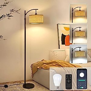 LAMSU Boho Arc Floor Lamp with Remote, Rattan Farmhouse Standing Lamps with Dimmable LED Bulb, Modern Black Tall Lamp with Woven Shade for Living Room Bedroom Office, App Control, Height Adjustable