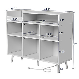 Record Storage Cabinet, Turntable Shelf with Vinyl Storage up to 500 Albums, Vinyl Record Player Shelf with Power Outlet Sideboard Buffet Cabinet with Storage Accent Cabinets for Living Room (White)