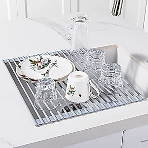 U-Taste Roll Up Dish Drying Rack 16.5 by 13.7 Inches, Over The Sink Foldable Multipurpose Silicone Dish Drainer Warm Gray, Small