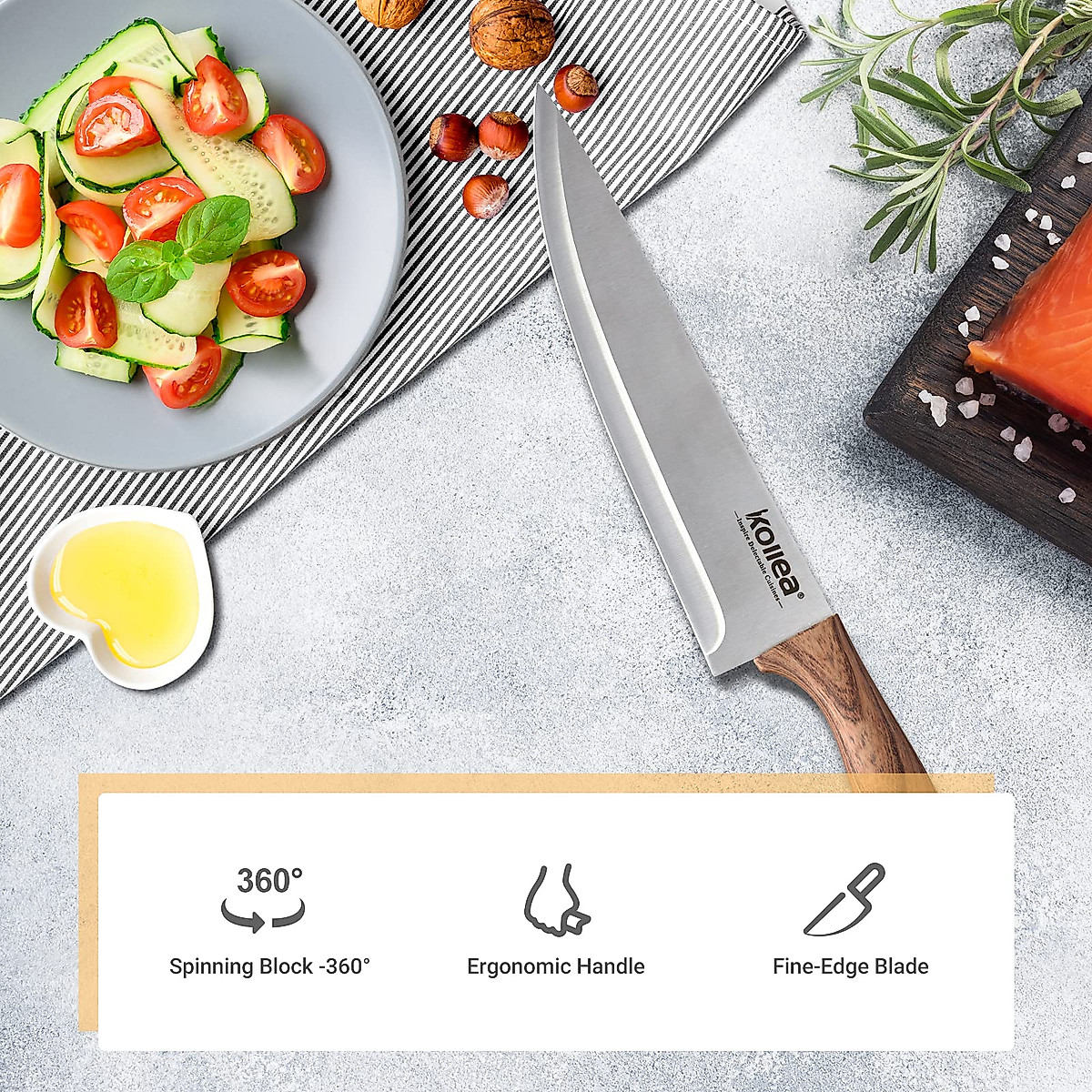 Kollea Kitchen Knife Set, 8 Pieces Stainless Steel Knives, Kitchen Steak Bread Knives Set with Acrylic Stand Knife Sharpener Kitchen Shear, Brown