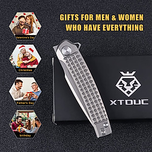 XTOUC Pocket Folding Knife, Sandblasted M390 Blade, Titanium Handle, EDC Knife with Frame Lock, Ceramic Ball Bearing, Deep Carry Pocket Clip, Front Flipper Opening, Knives for Men and Women RX302
