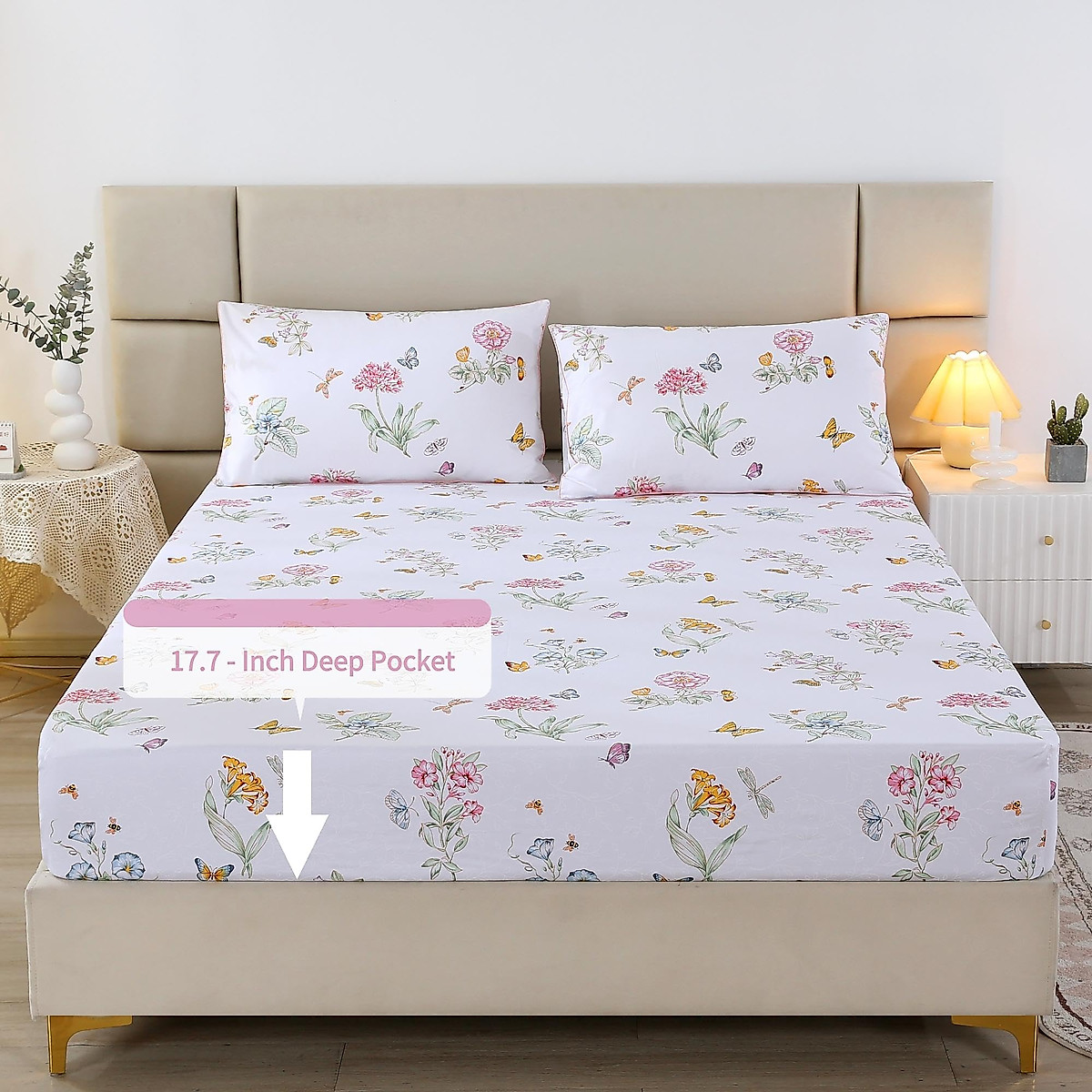 RYNGHIPY Egyptian Cotton Bed Sheets Full Size Set Garden Botanical Flowers Butterfly Sheets Set with Pillowcases Ultra Soft and Breathable Deep Pockets (White,Full Size)