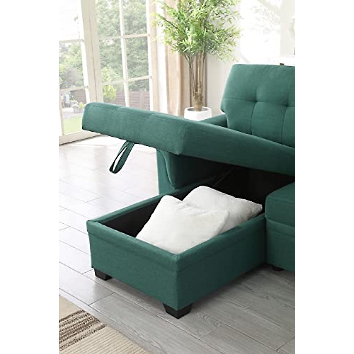 Lilola Home Linen Reversible Sleeper Sectional Sofa with Storage Chaise, Green