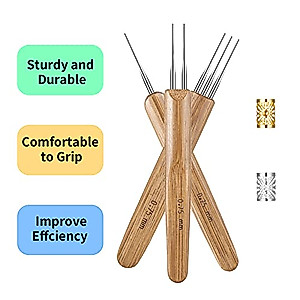 Vodiye Dreadlock Crochet Hook for Hair, 0.5mm 0.75mm Steel Locs Crochet Needle for Hair, Professional Dreadlock Crochet Needle with Bamboo Handle, Dreadlocks Beads Mixed Golden Silver for Braid Craft