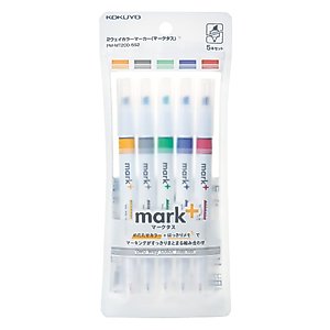 KOKUYO 2-Way Vivid Highlighter 5 Colors Set. Mark+ Dual Tips Markers, Quick Dry Chisel Fine Tip 5 Pack of Gold, Gray, Light Green, Navy, Red. Japan Import (PM-MT200-5S2)