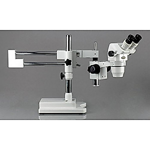 AmScope ZM-4B Professional Binocular Stereo Zoom Microscope, EW10x Eyepieces, 6.7X-45X Magnification, 0.67X-4.5X Zoom Objective, Ambient Lighting, Double-Arm Boom Stand