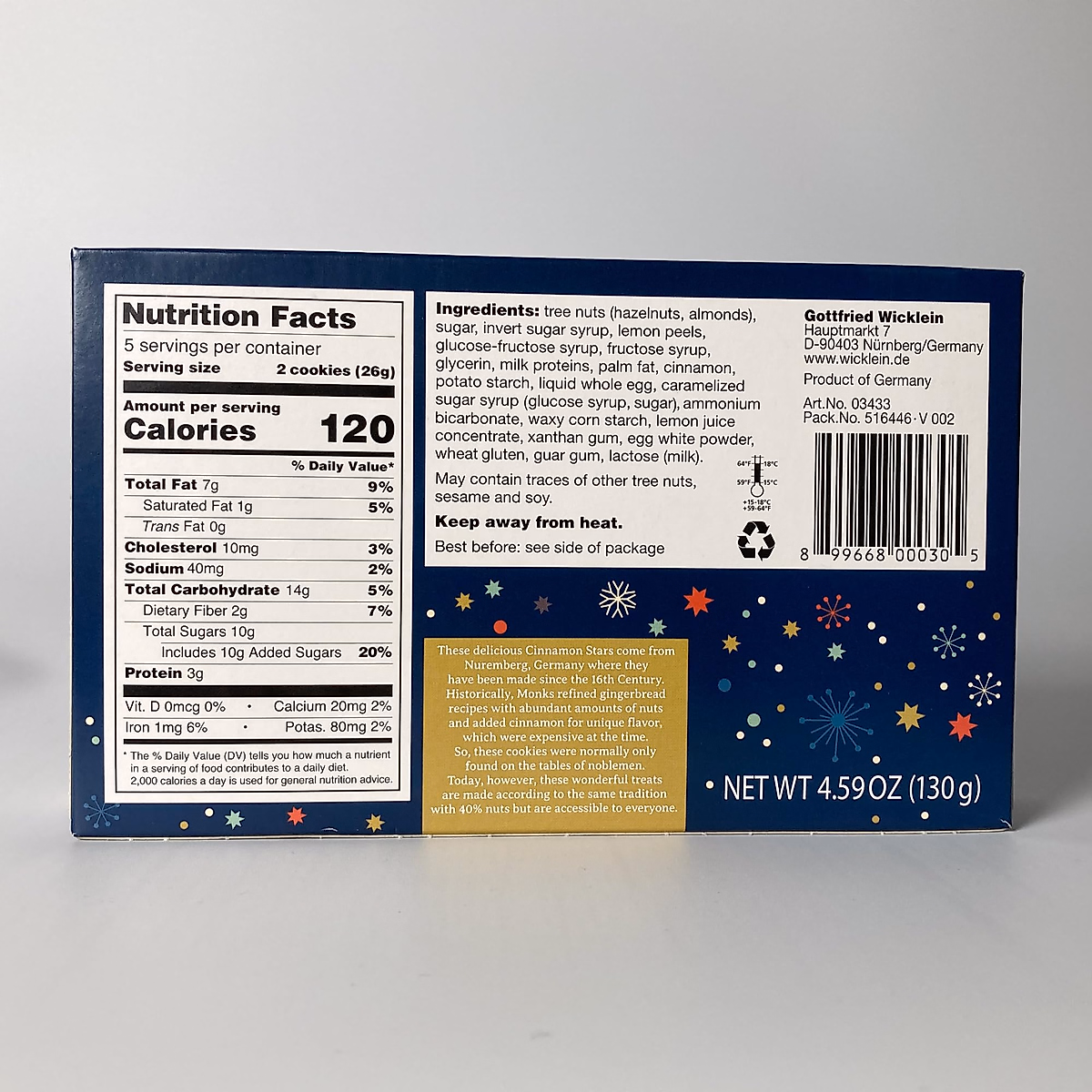 Wicklein Zimtsterne Cinnamon Star Cookie - Nuss-sterne German Holiday Cookies - With Nuts & Almonds, 5.29 oz