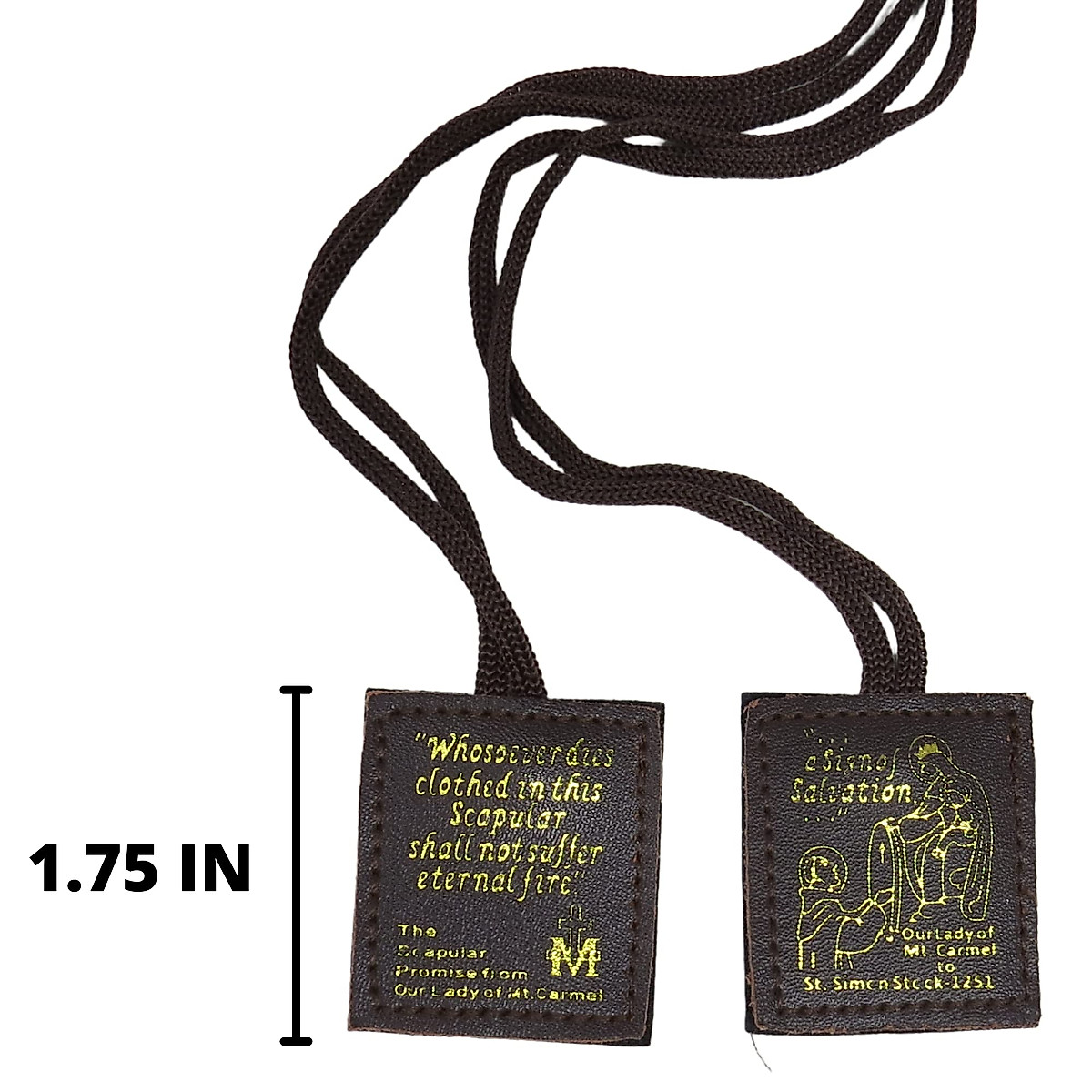 Brown Stamped Leather Scapulars Catholic Necklace for Men and Women, Scapular with Our Lady of Mt Carmel on the Front and Her Promise of Salvation, 21 Inches