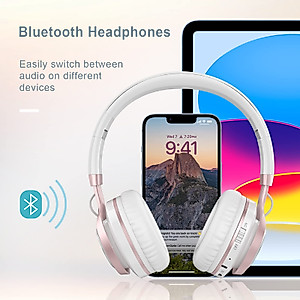BASEMAN Wireless Over Ear Headphones, Long Battery Life Deep Bass Bluetooth Headphones with Microphone Wireless and Wired Headset for Computer iPhone Teens Girls Women School Travel - White Rose Gold