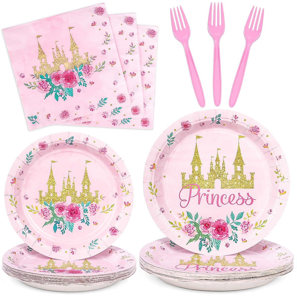 DECORLIFE Princess Party Supplies Serve 24, Princess Party Plates and Napkins for Girls Birthday, Baby Shower, Total 96PCS