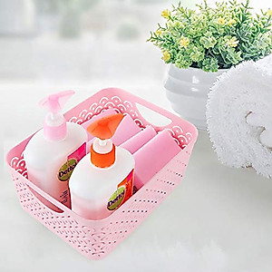 STARVAST 5 Pack Plastic Storage Baskets, Portable Pink Fish Scale Pattern Hollow Desktop Storage Bin Box with Handle for Kitchen, Bathroom, Kids Room or Nursery Storage – 9.4 x 7.1 x 4.1 inches