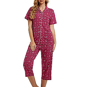 Tugege Capri Pajamas Set Womens Button Down Short Sleeve Lounge Sets Sleepwear Notch Collar Top & Capri 2 Piece PJ Sets (Red Floral, 3X-Large)