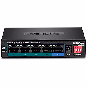 TRENDnet 5-Port Gigabit Long Range PoE+ Switch, 4 x Gigabit PoE+ Ports, 1 x Gigabit Port, 32W PoE Budget, 10Gbps Switching Capacity, Extends PoE+ 200m (656 ft), Lifetime Protection, Black, TPE-LG50