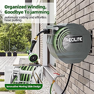 SPECILITE Retractable Heavy Duty Garden Hose Reel, 1/2" X 66 + 5 FT 2 Year Anti-Fading Wall Mounted Hose Reel, Smooth Automatic Rewind, 9 Pattern Sprayer, 180° Swival Bracket, Any Length Lock