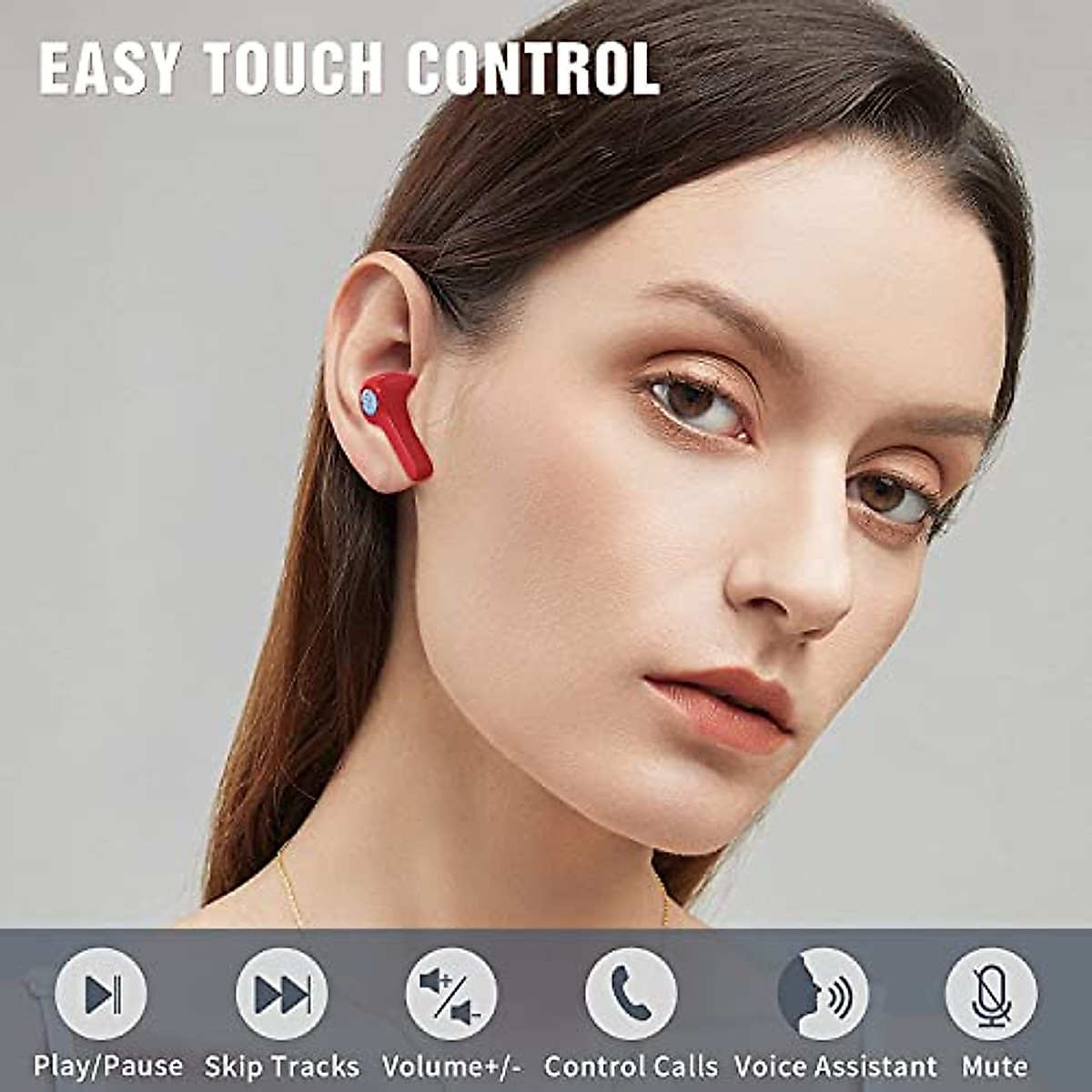 Lanteso True Wireless Earbuds, TWS Bluetooth Earbuds with Mics Noise Reduction Touch Control Bluetooth Headphones with Bass Sound in Ear Earphones for Music,Home Office… (Red)