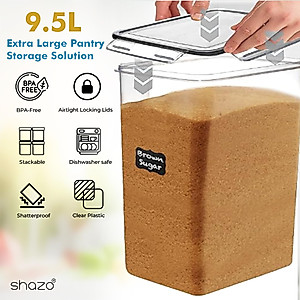 Shazo 2 PC (9.5L | 321 Oz) Extra Large Bulk Food Storage Containers with Airtight Lids for Flour, Sugar, Rice, Cereal & Pasta - Leakproof, BPA-Free Plastic Canisters for Kitchen & Pantry Organization
