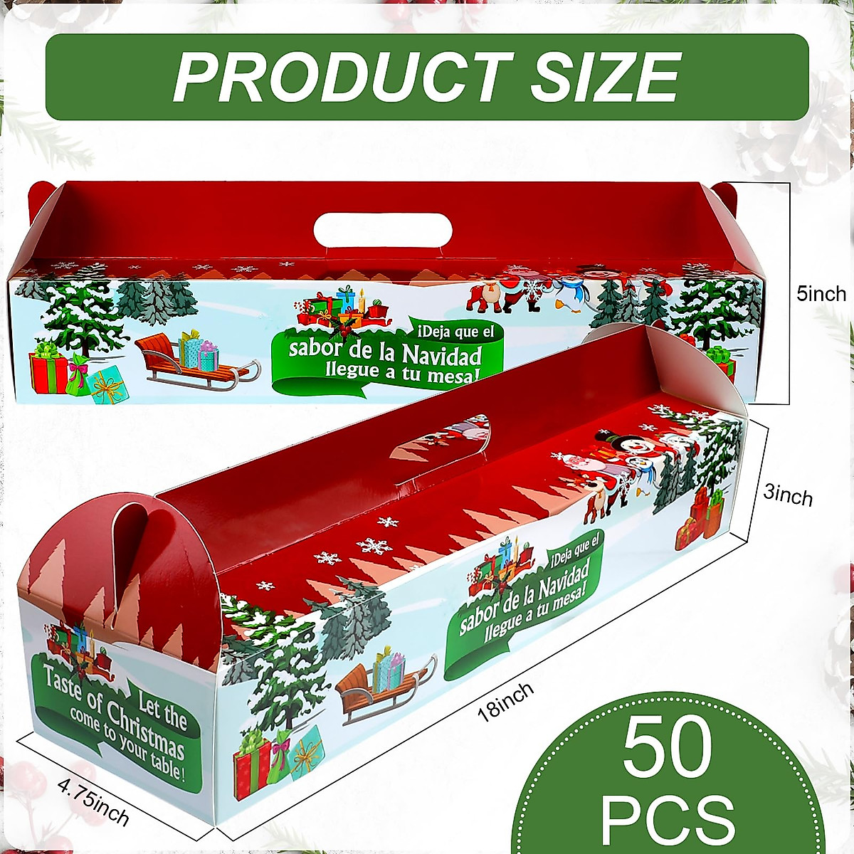 Cholemy Christmas Ham Bread Box Container 18" x 4.75" x 3" Paperboard Baking Bread Bags Non Window Bakery Bag for Holiday Packaging Gift Giving with Handle(50 Pcs)