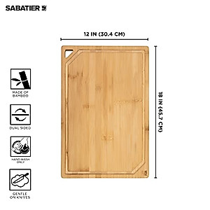 Sabatier Extra-Large Cutting Board with Juice Trench and Recessed Handles for Entertaining and Meal Prep, Reversible Kitchen Chopping Board, Bread Board with Built-In Grooves, 12x18 Inch, Bamboo