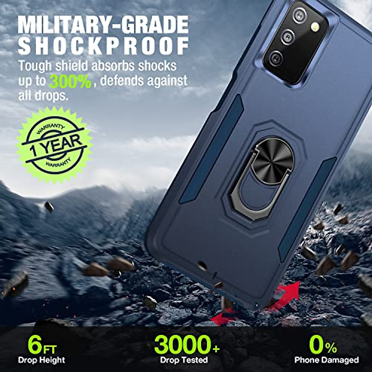 Bonkier Samsung Galaxy A03S Case, Samsung A03S Case with 2X Tempered Glass Screen Protector,[Military Grade] Shockproof Built-in Magnetic Kickstand Phone Case for Samsung Galaxy A03S (Blue)