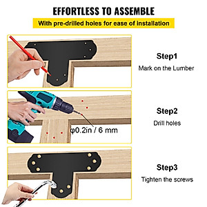 VEVOR Black T Bracket, 6'' x 6'', 8 PCs Black Powder-Coated T Mending Plate, 16 Gauge Steel T-Shaped Tie Flat Connector with Screws Set, Post to Beam Bracket for Repair Wood Furniture