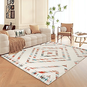 Geanlod Boho Beige Area Rugs 5x7 Washable Non Slip Modern Living Room Rug Low Pile Bedroom Rug Geometric Faux Wool Throw Carpet for Dining Room Bathroom Kitchen Home