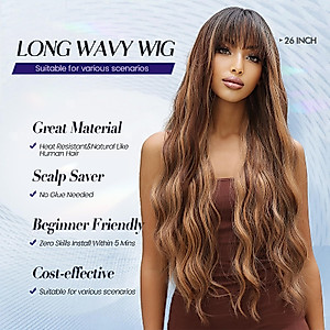 Allbell Long Wave Brown Highlight Wigs with Bangs for Women Synthetic Hair Dark Roots