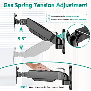 WALI Monitor Wall Mount 27+ inch, Wall Mount Monitor Arm Fits 1 Screen up to 32 inch, Single Monitor Mount Holds up to 19.8lbs, Gas Spring Monitor Arm Max Extension 13.4 inch,(GSWM001S), Black