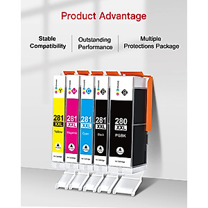 PGI-280XXL CLI-281XXL 5 Pack Compatible 280 281 Ink Cartridge Replacement for Canon 281 Ink cartridges Canon 280 Ink Use to PIXMA TS6120 TR7520 TR8520 TR8500 TR8600 TR8620 TS6220 TS9120 (5 Pack)