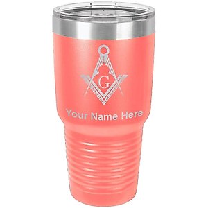 LaserGram 30oz Vacuum Insulated Tumbler Mug, Freemason Symbol, Personalized Engraving Included (Coral)